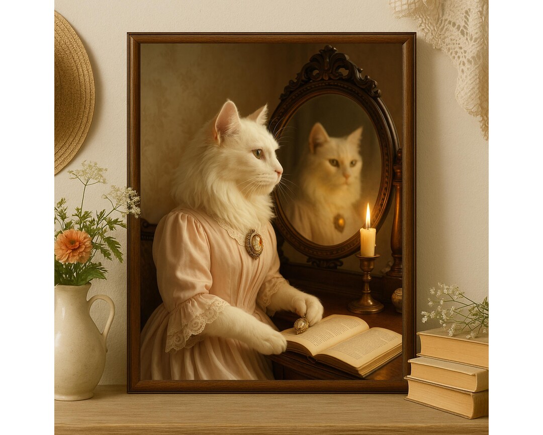 Miss Isadora Wren Cat Portrait – Victorian White Cat Wall Art ...