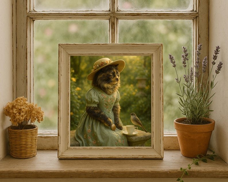Cottagecore Cat Art Print: Tortoiseshell Cat in Garden (digital ...