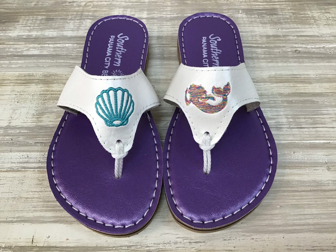 Fun Mermaid Sandals With Open Shell on Pearl White Strap on Purple ...