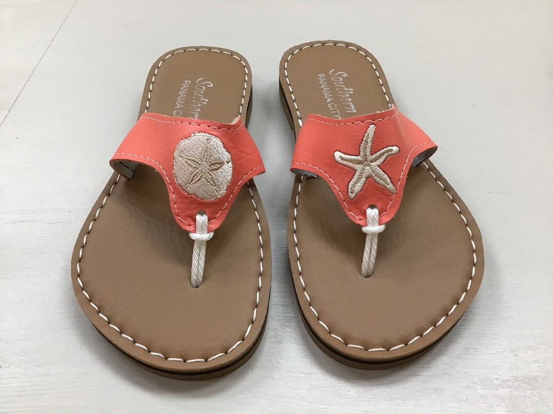 Sandollar and Starfish Sandals With Coral Strap on Suntan Footbed - Etsy