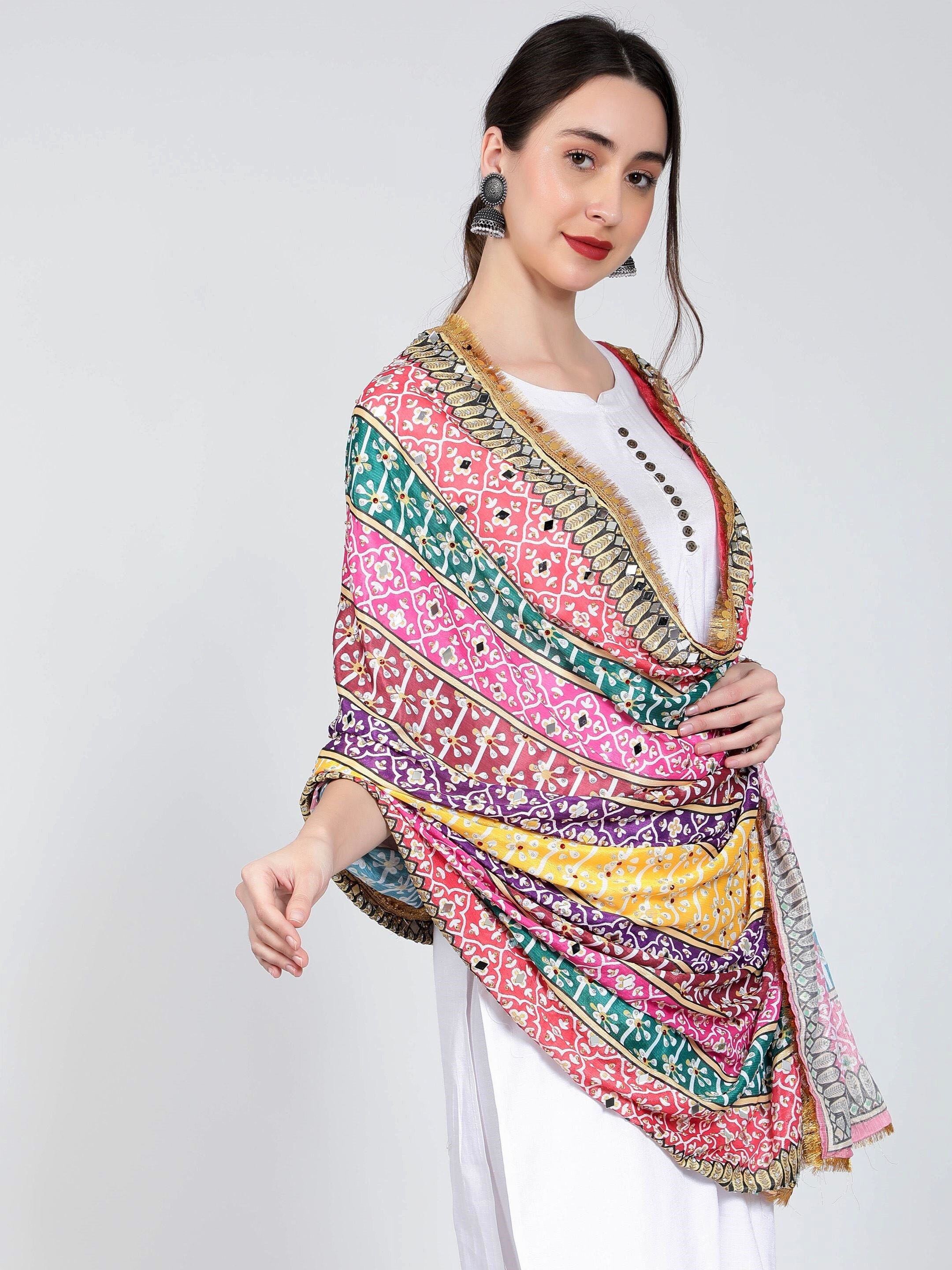 Pakistani Heavy Silk Dupatta With Mirror Work With Colourful Block ...
