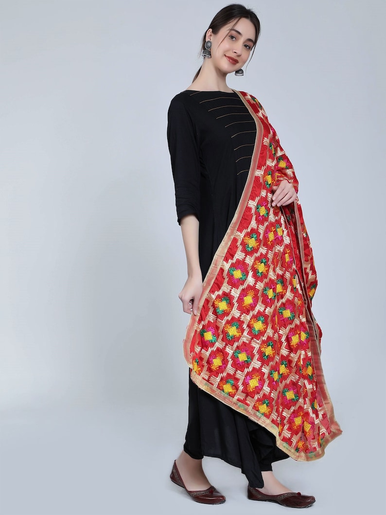 Phulkari Dupatta for Women Lace Border, Fulkari Dupatta, Indian Dupatta ...