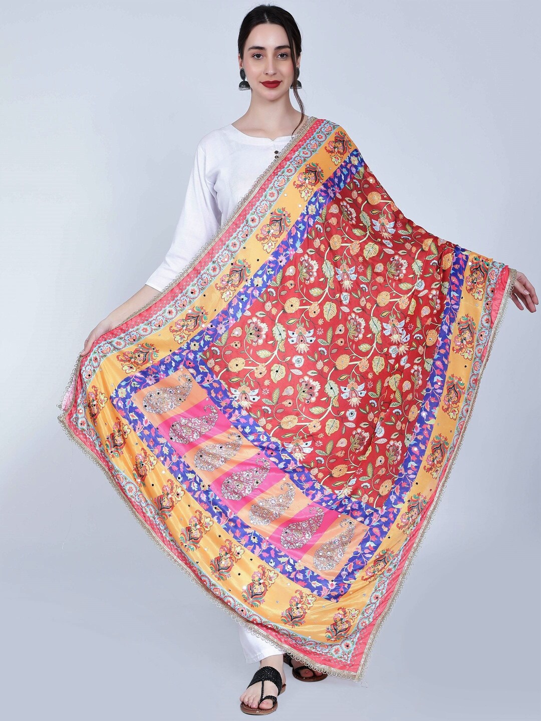 Pakistani Heavy Silk Dupatta With Mirror Work With Colorful Block Print ...