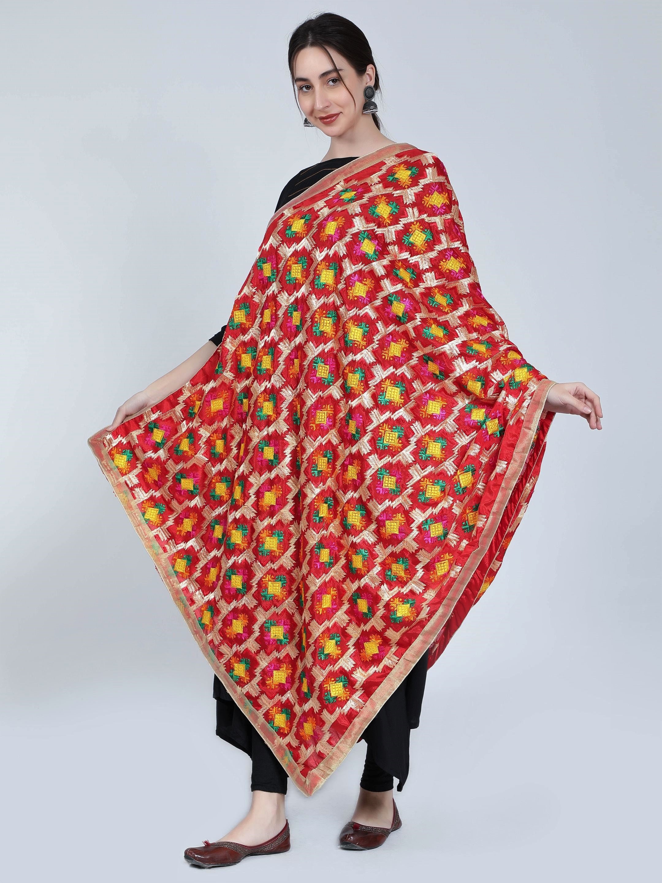 Phulkari Dupatta for Women Lace Border, Fulkari Dupatta, Indian Dupatta ...