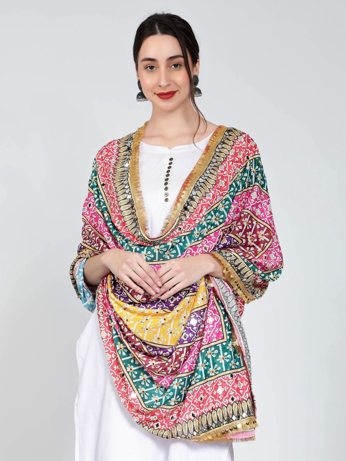 Pakistani Heavy Silk Dupatta With Mirror Work With Colorful Block Print ...