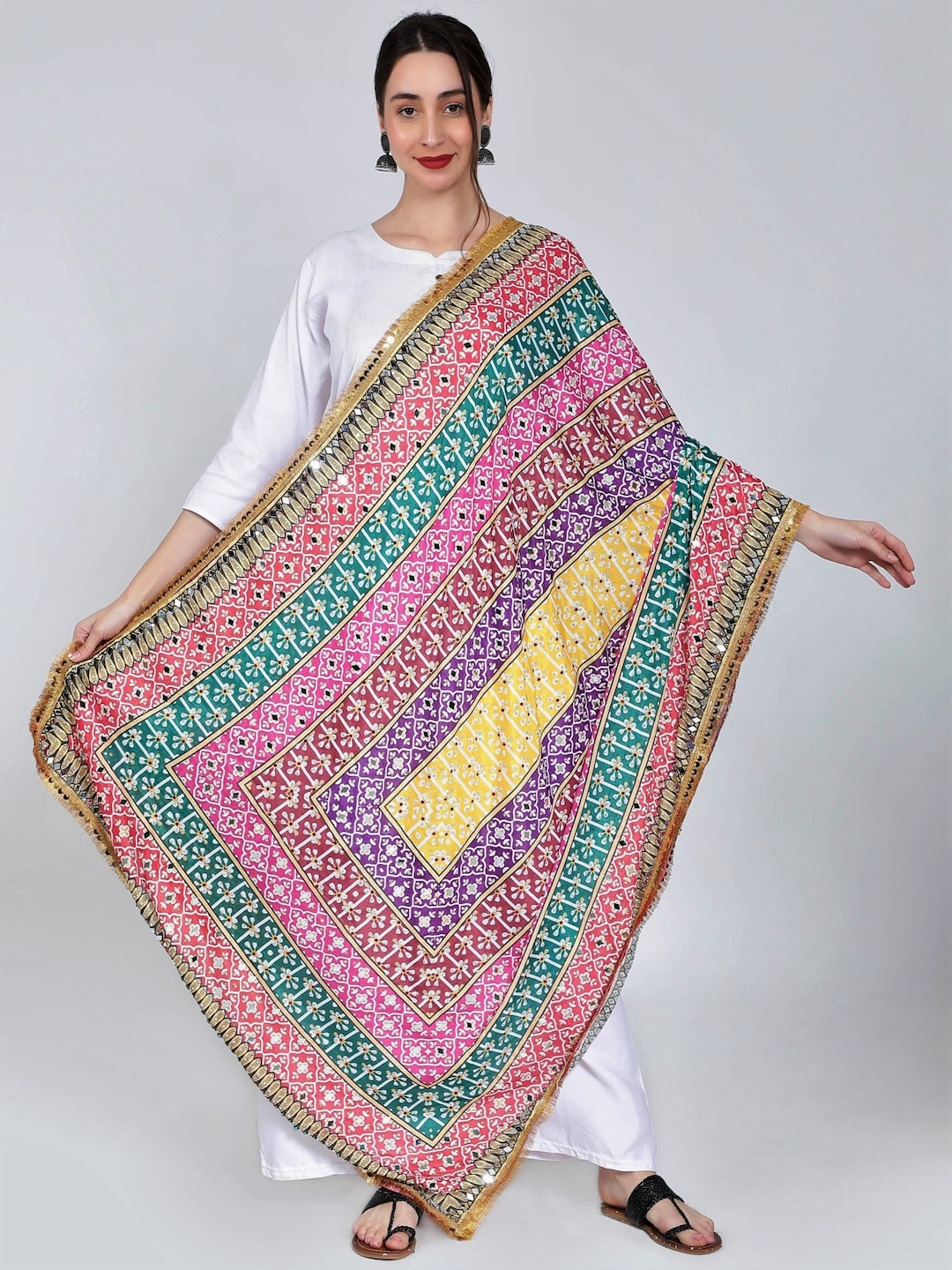 Pakistani Heavy Silk Dupatta With Mirror Work With Colourful Block ...