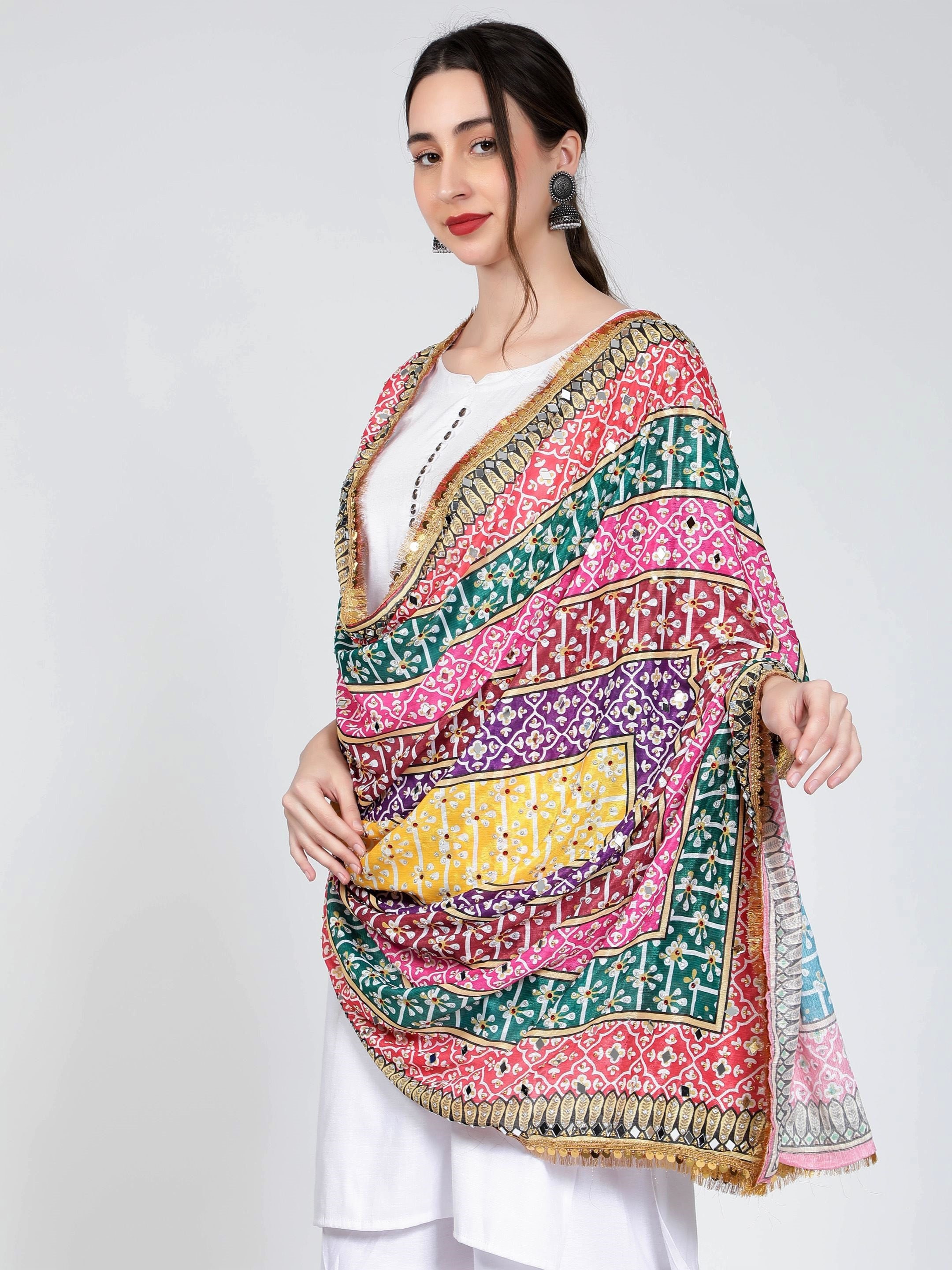 Pakistani Heavy Silk Dupatta With Mirror Work With Colourful Block ...