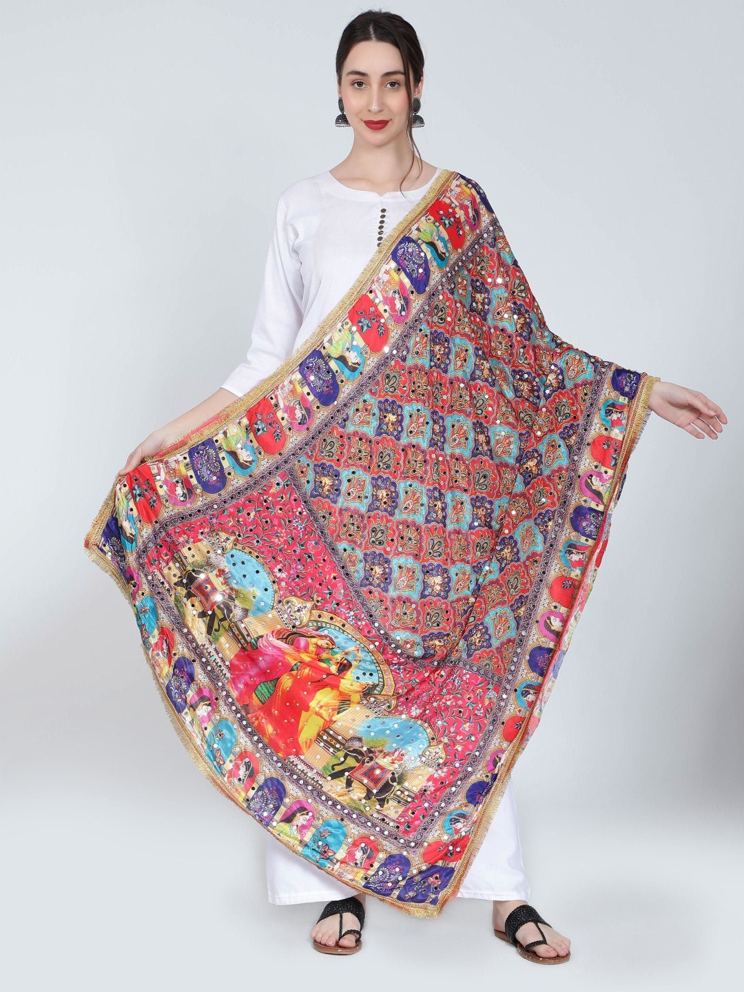 Pakistani Heavy Silk Dupatta With Mirror Work With Colorful Block Print ...