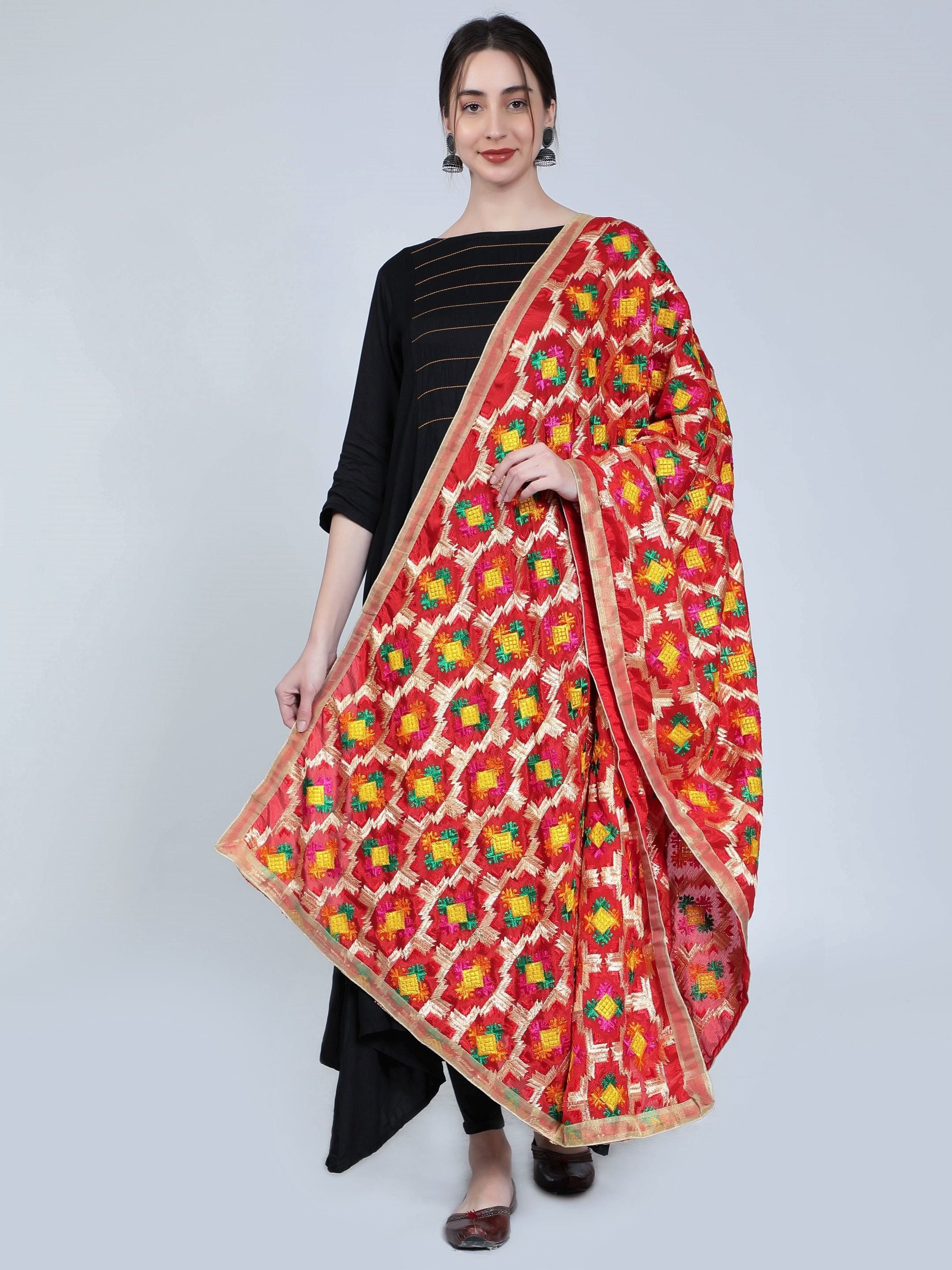 Phulkari Dupatta for Women Lace Border, Fulkari Dupatta, Indian Dupatta ...
