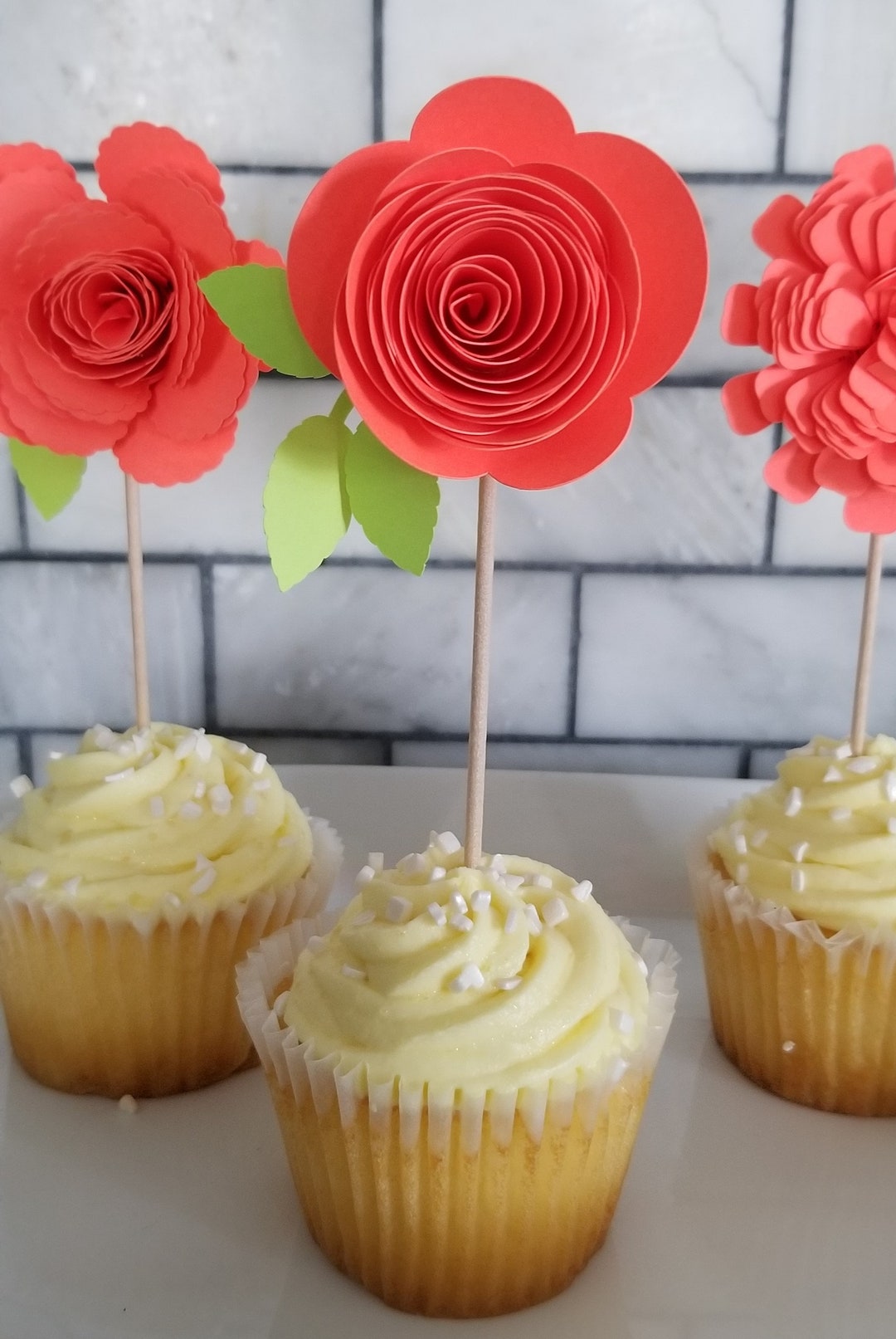 Red Flower Cupcake Toppers - Etsy