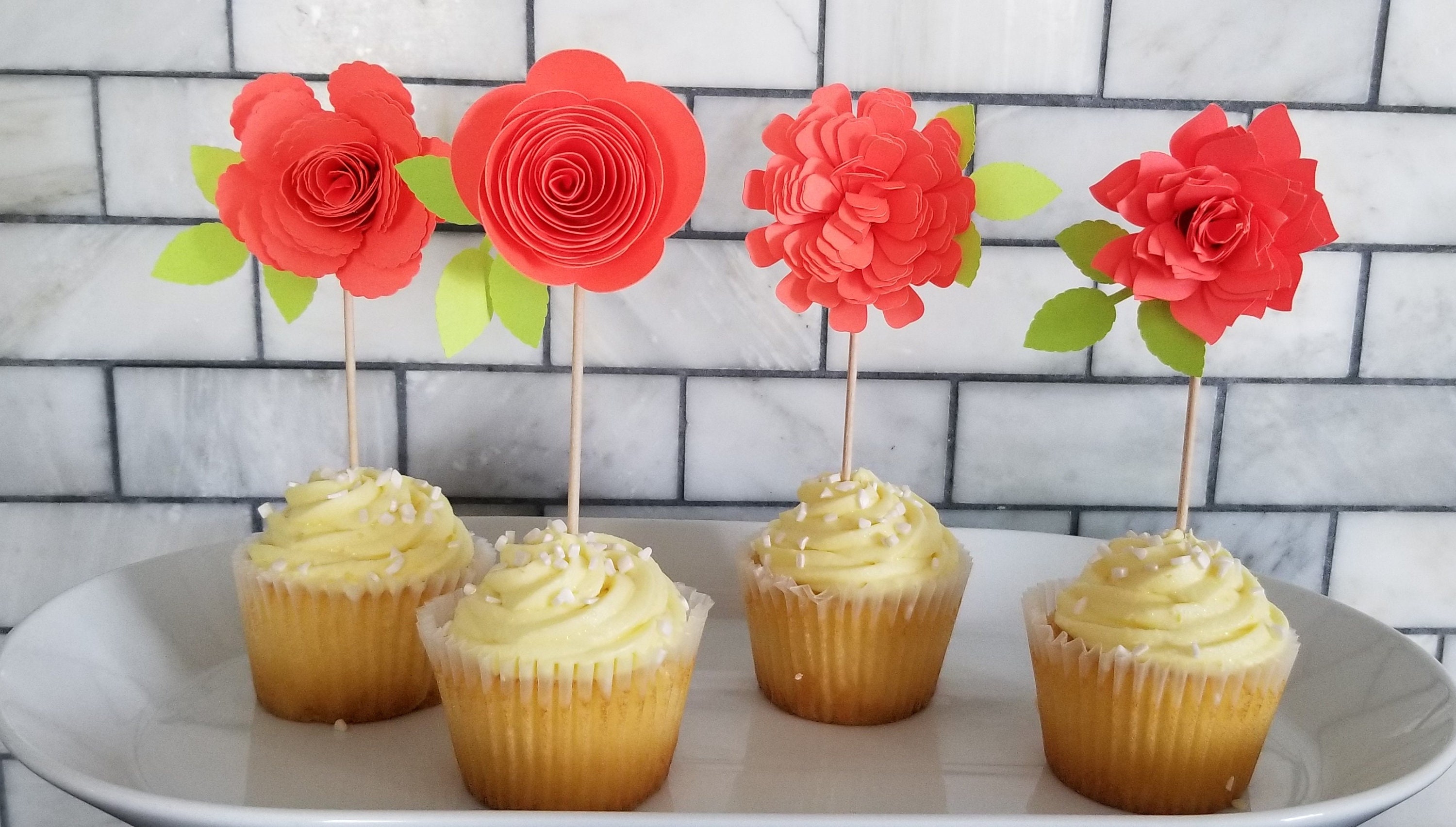 Red Flower Cupcake Toppers - Etsy