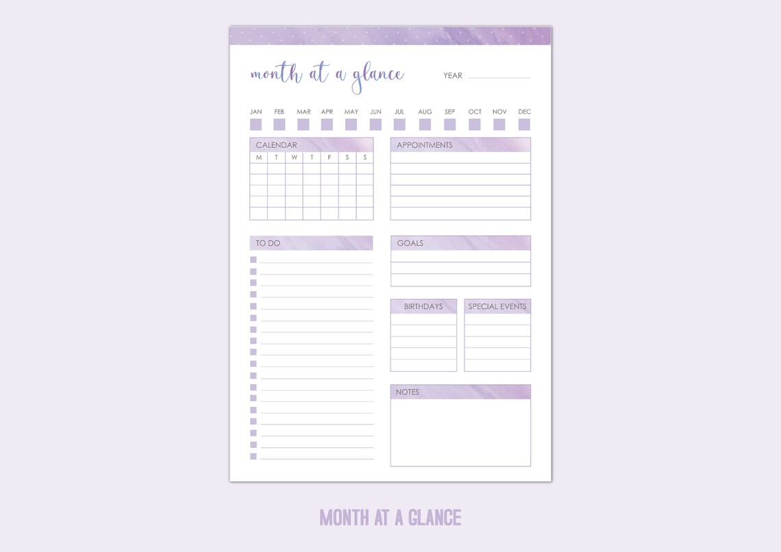 Month at a Glace Printable Planner Pages Downloadable - Etsy