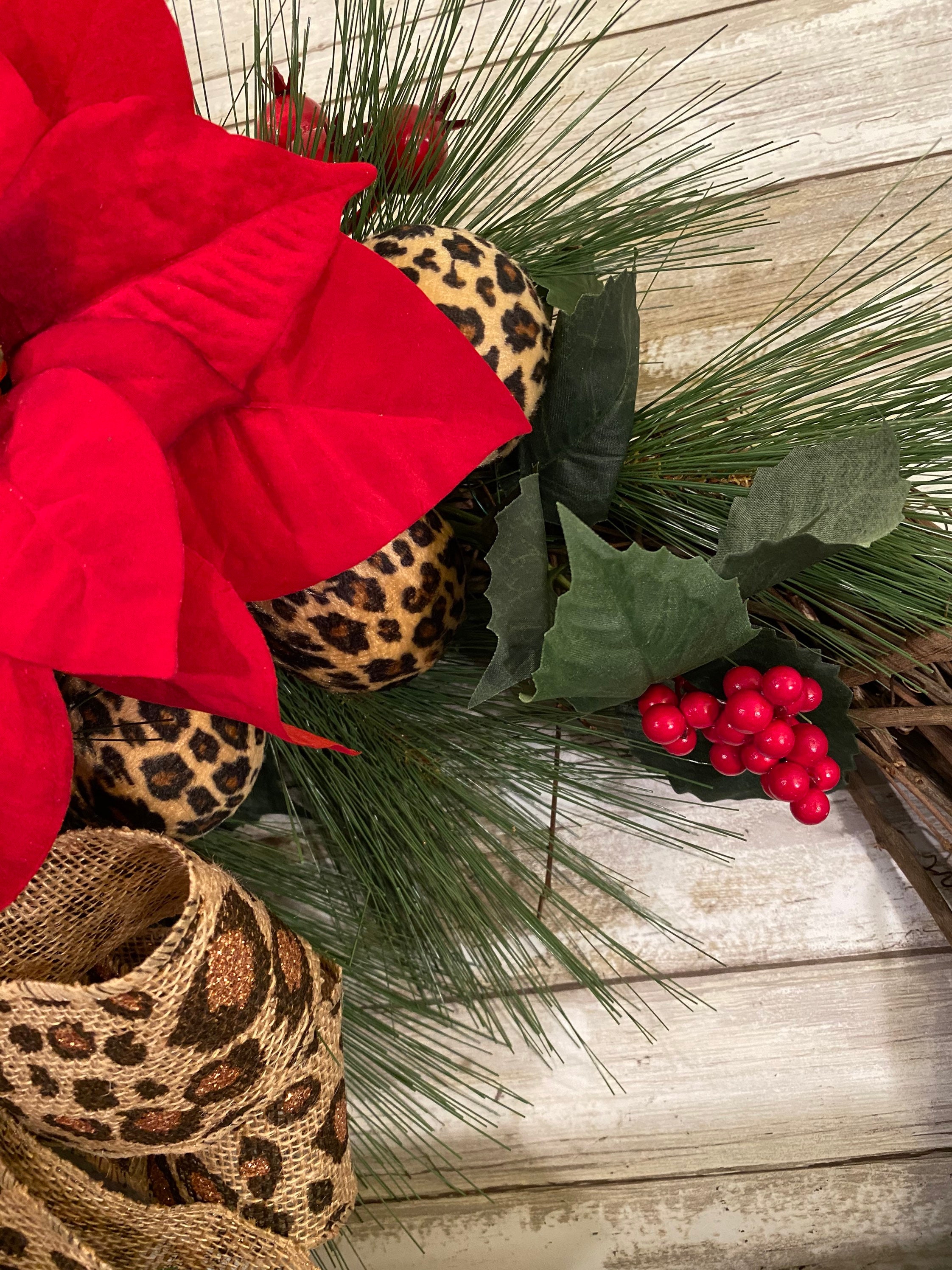 Christmas Leopard Wreath Red Poinsettias Wreath pine Wreath - Etsy