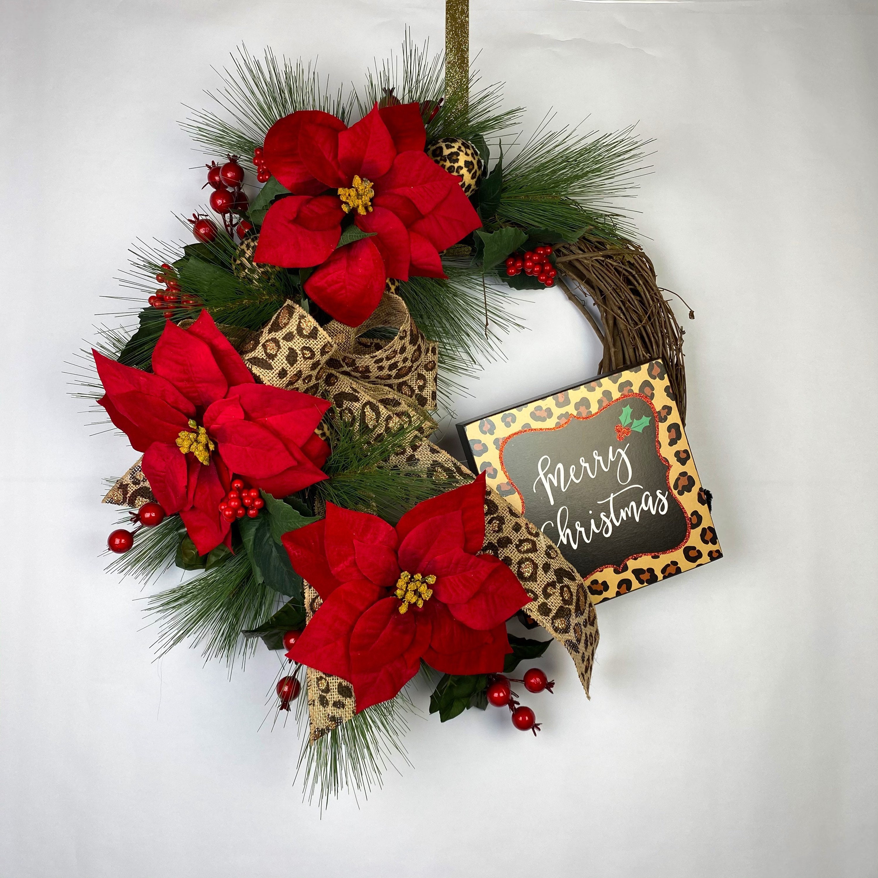 Christmas Leopard Wreath Red Poinsettias Wreath pine Wreath - Etsy