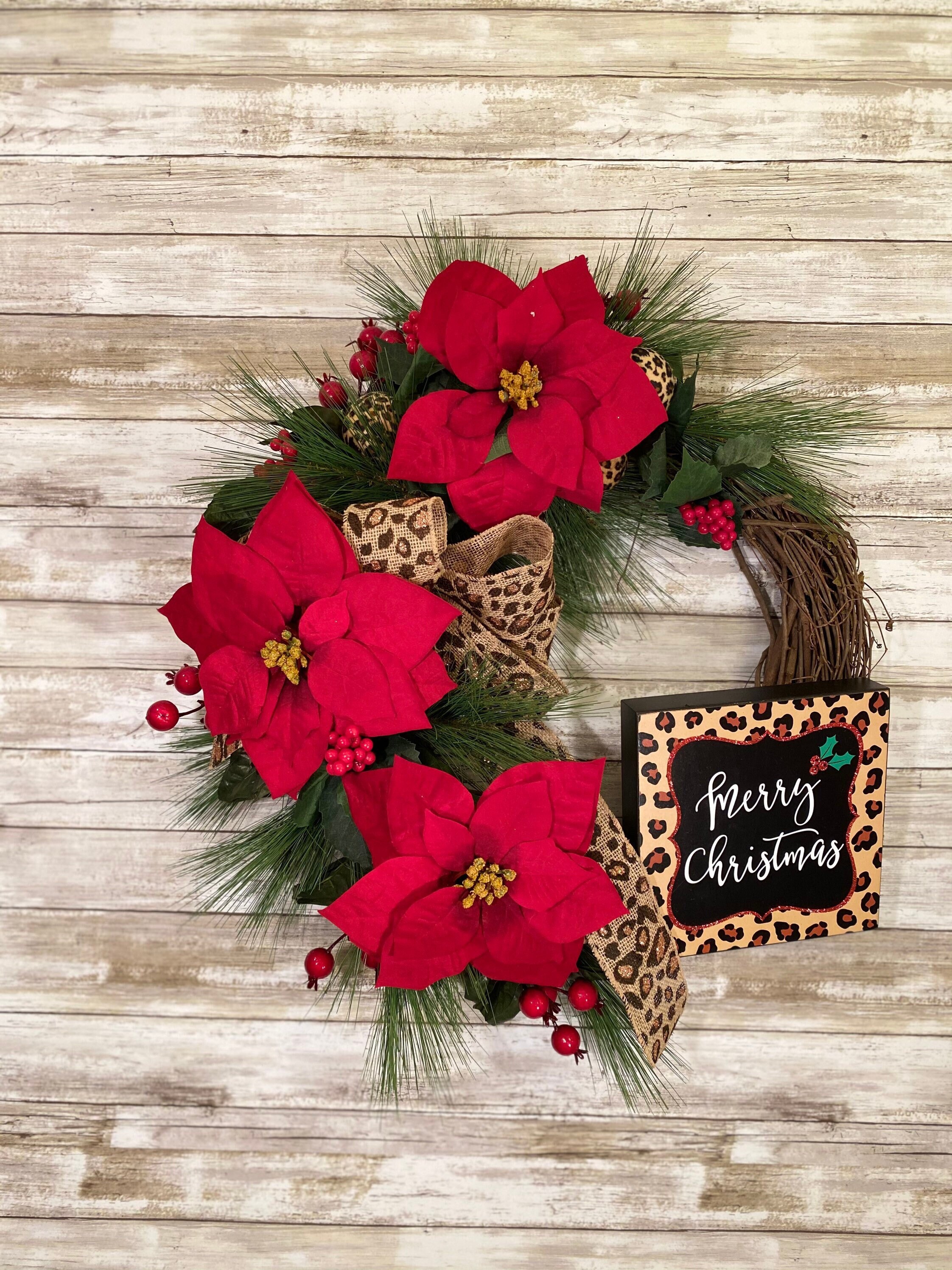 Christmas Leopard Wreath Red Poinsettias Wreath pine Wreath - Etsy
