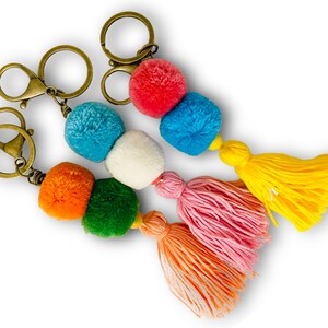 Boho Key Chain | Pom Pom Key Chain | Tassel Keychain | Pouf Purse Charm ...