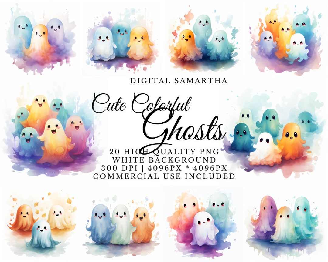 Cute Colorful Ghosts Watercolor Clipart Bundle, Ghostly Cuteness, Junk ...