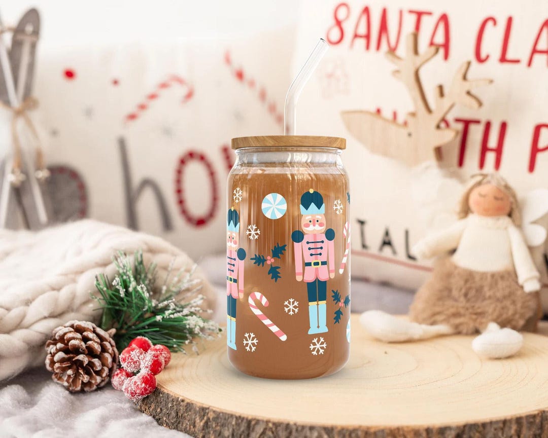 Christmas Nutcracker Glass Cup With Lid and Straw | Holiday Drinkware ...