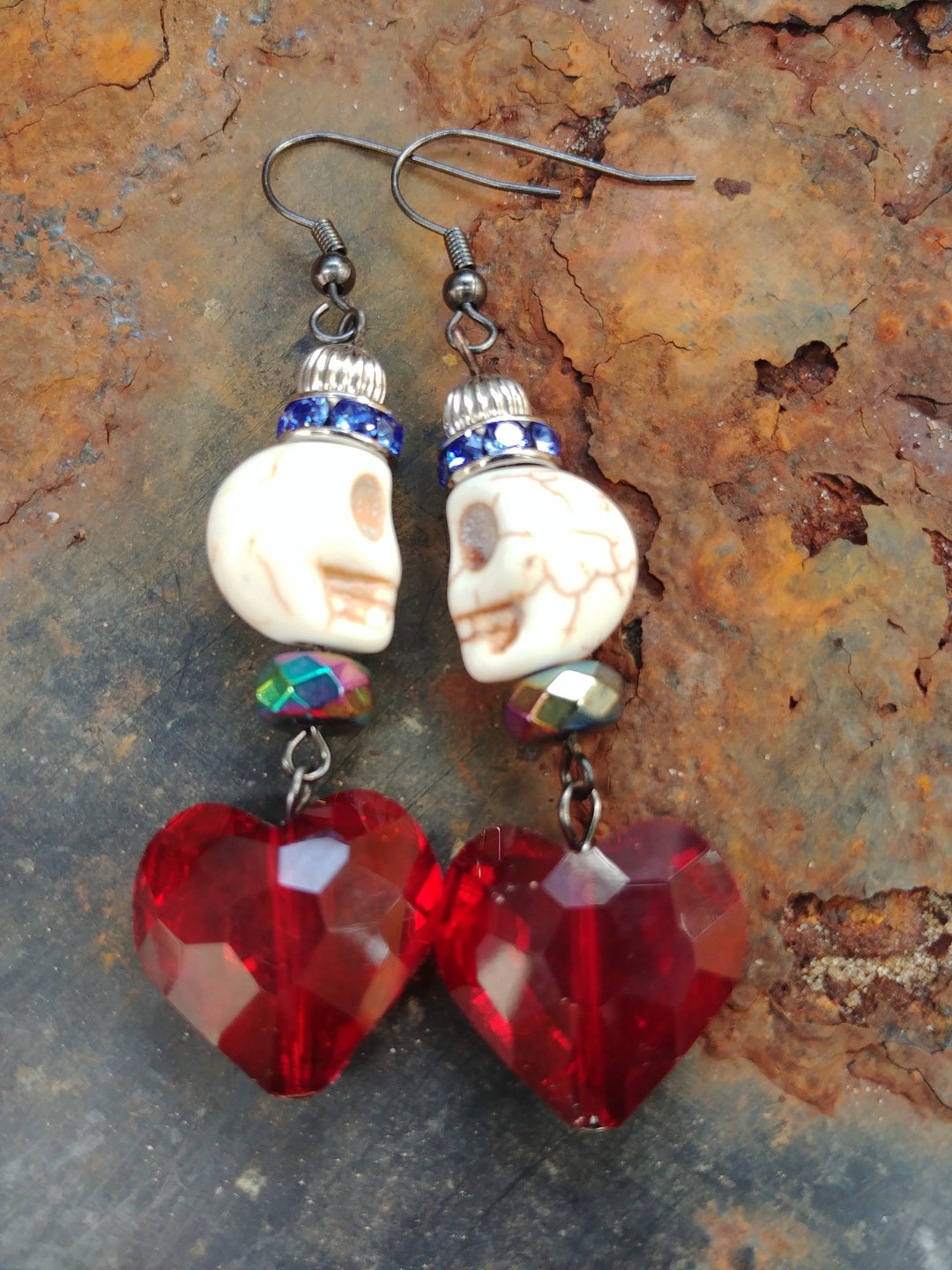 Stone Carved Sugar Skulls With Red Heart Dangle Earrings - Etsy
