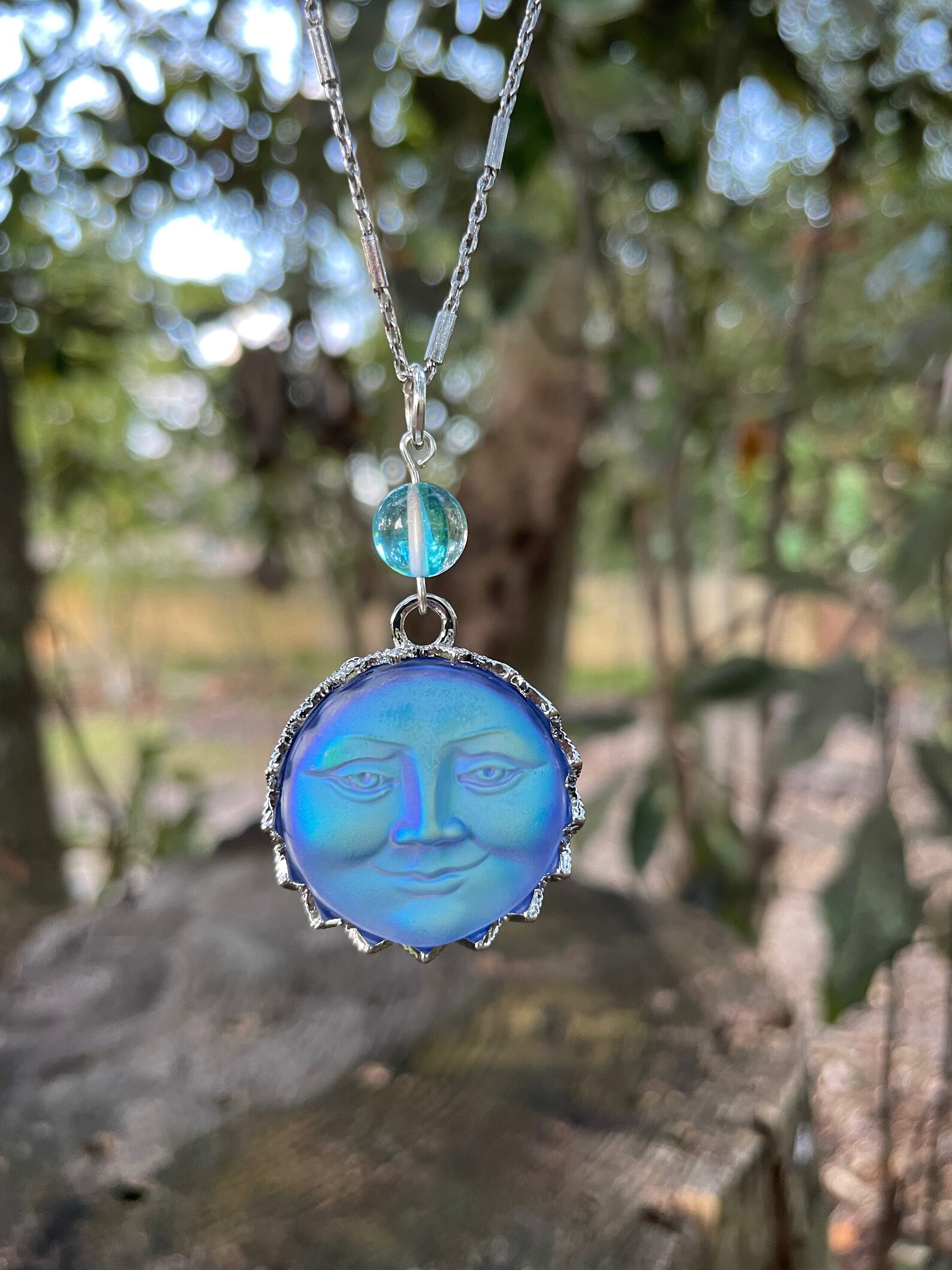 Blue Moon Necklace With Mermaid Bead / Iridescent Smiling Moon Pendant ...