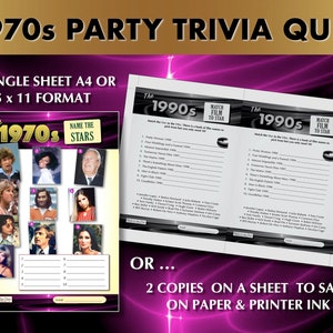 1970's Printable, Trivia Quiz Game Bundle, Instant Download, Party Gift ...
