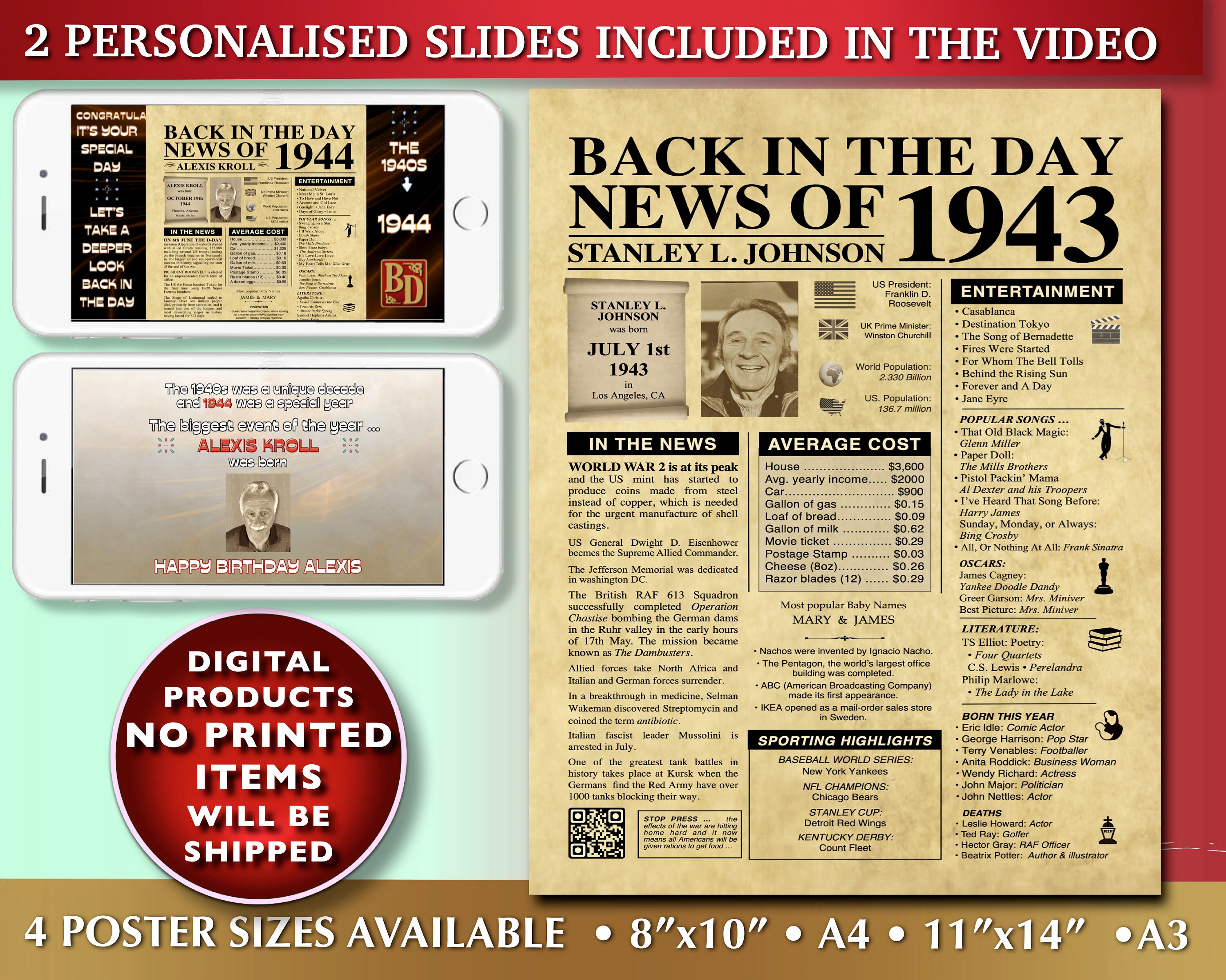 Personalised 1940s Newspaper Poster AND VIDEO US Version for Any Year ...