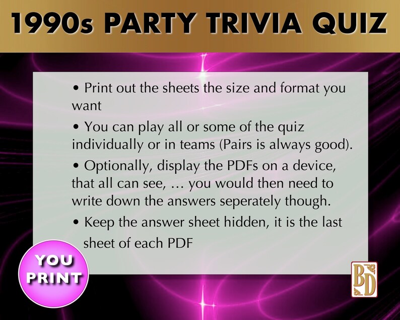 1970's Printable, Trivia Quiz Game Bundle, Instant Download, Party Gift ...
