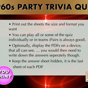1960's Printable, Trivia Quiz Game Bundle, Instant Download, Party Gift ...
