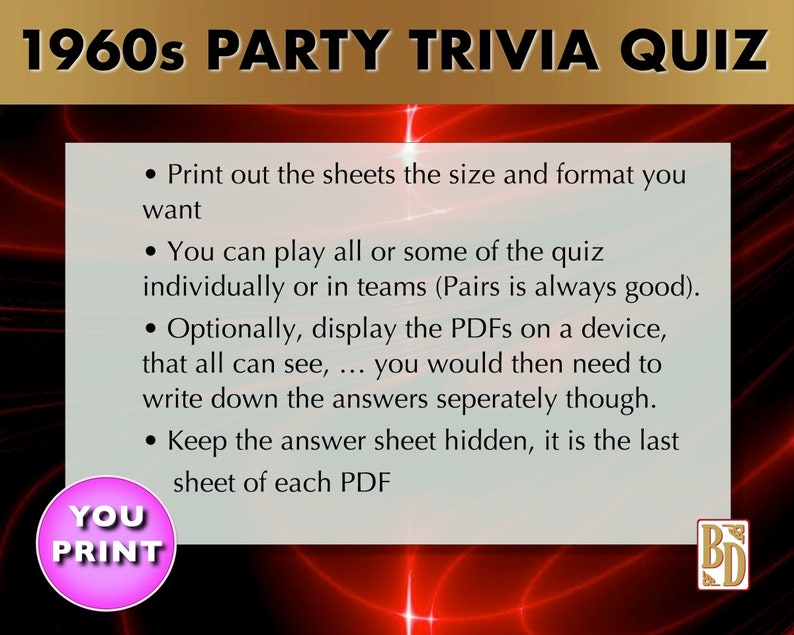 1960's Printable, Trivia Quiz Game Bundle, Instant Download, Party Gift ...