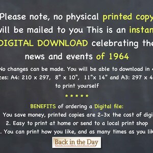 1964, Celebration News Poster, Back in the Day 1964. UK Version - Etsy