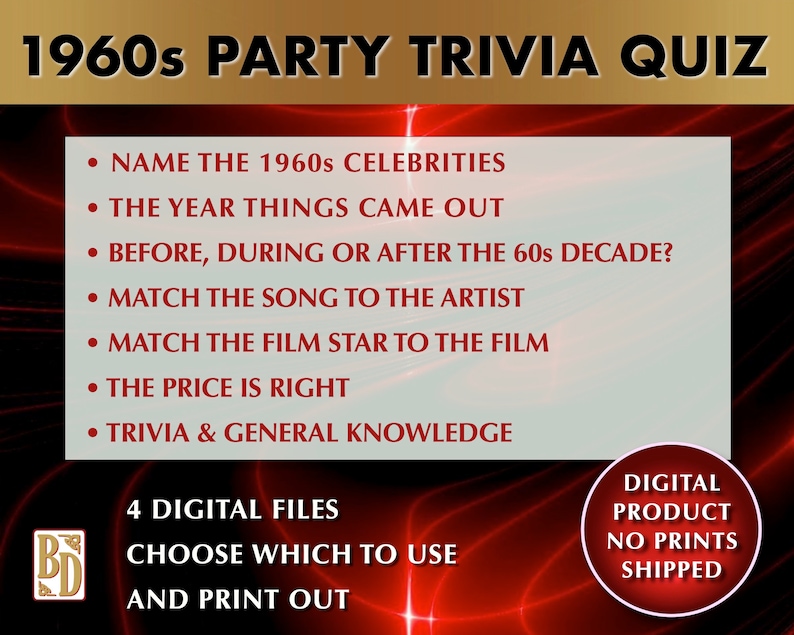 1960's Printable, Trivia Quiz Game Bundle, Instant Download, Party Gift ...