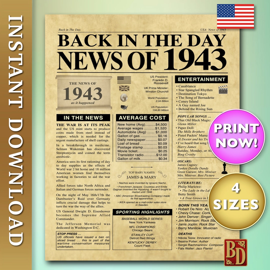 1943, Celebration News Poster, Back in the Day 1943. US Version - Etsy
