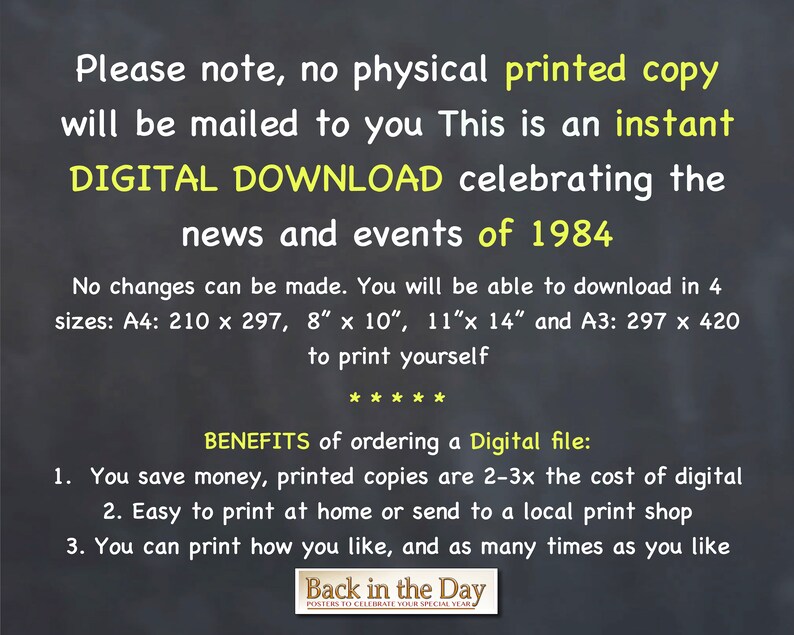 1984, Celebration News Poster, Back in the Day 1984. UK Version - Etsy