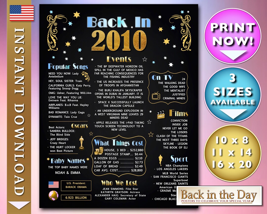 The Year You Were Born 2010, Celebration Chalkboard Style Poster, Back ...