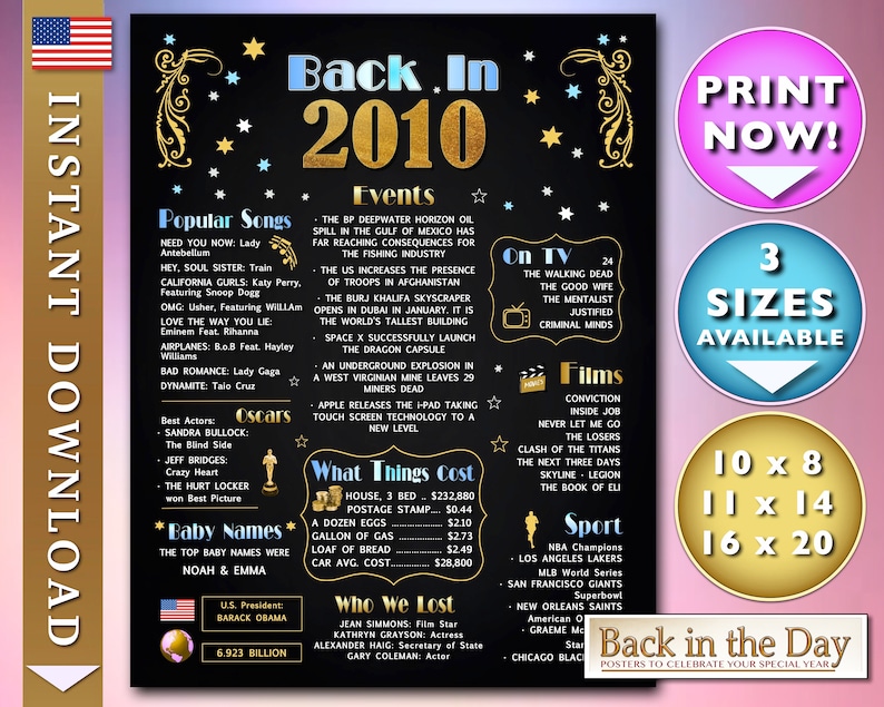 The Year You Were Born 2010, Celebration Chalkboard Style Poster, Back ...