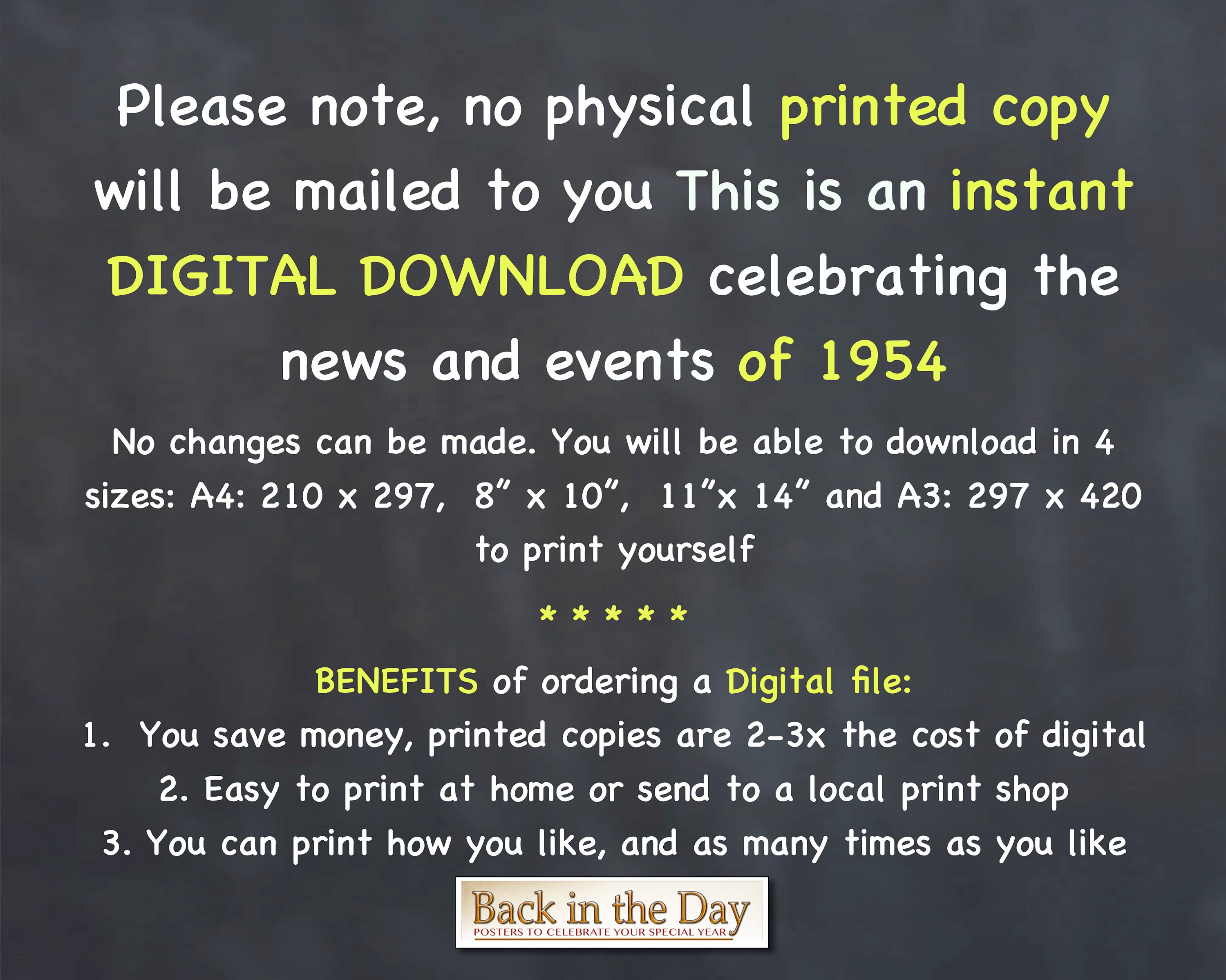 1954, Celebration News Poster, Back in the Day 1954. UK Version - Etsy