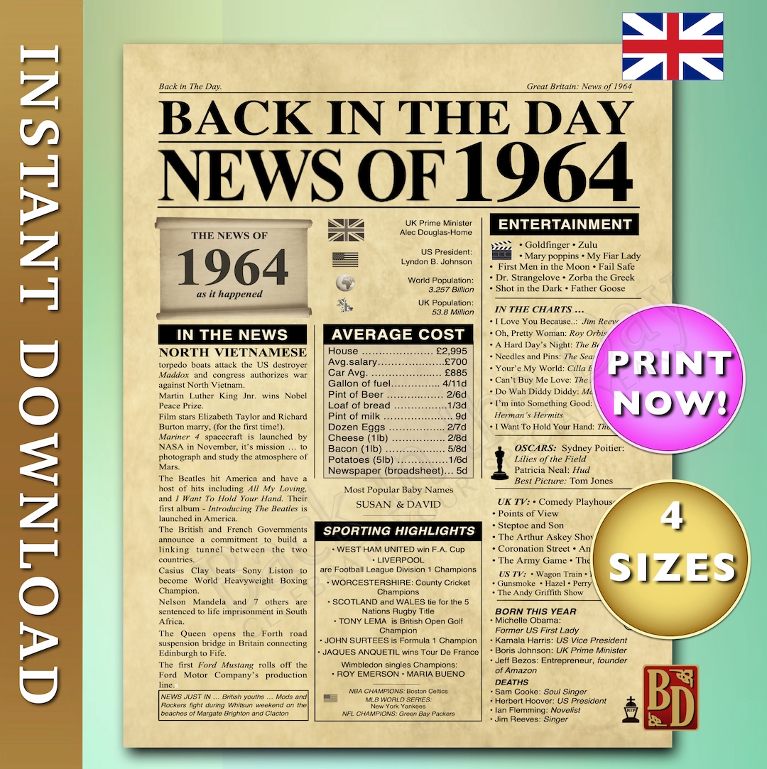 1964, Celebration News Poster, Back in the Day 1964. UK Version - Etsy