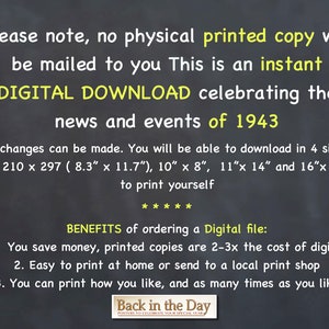 The Year You Were Born 1943, Celebration News Poster, Back in the Day ...