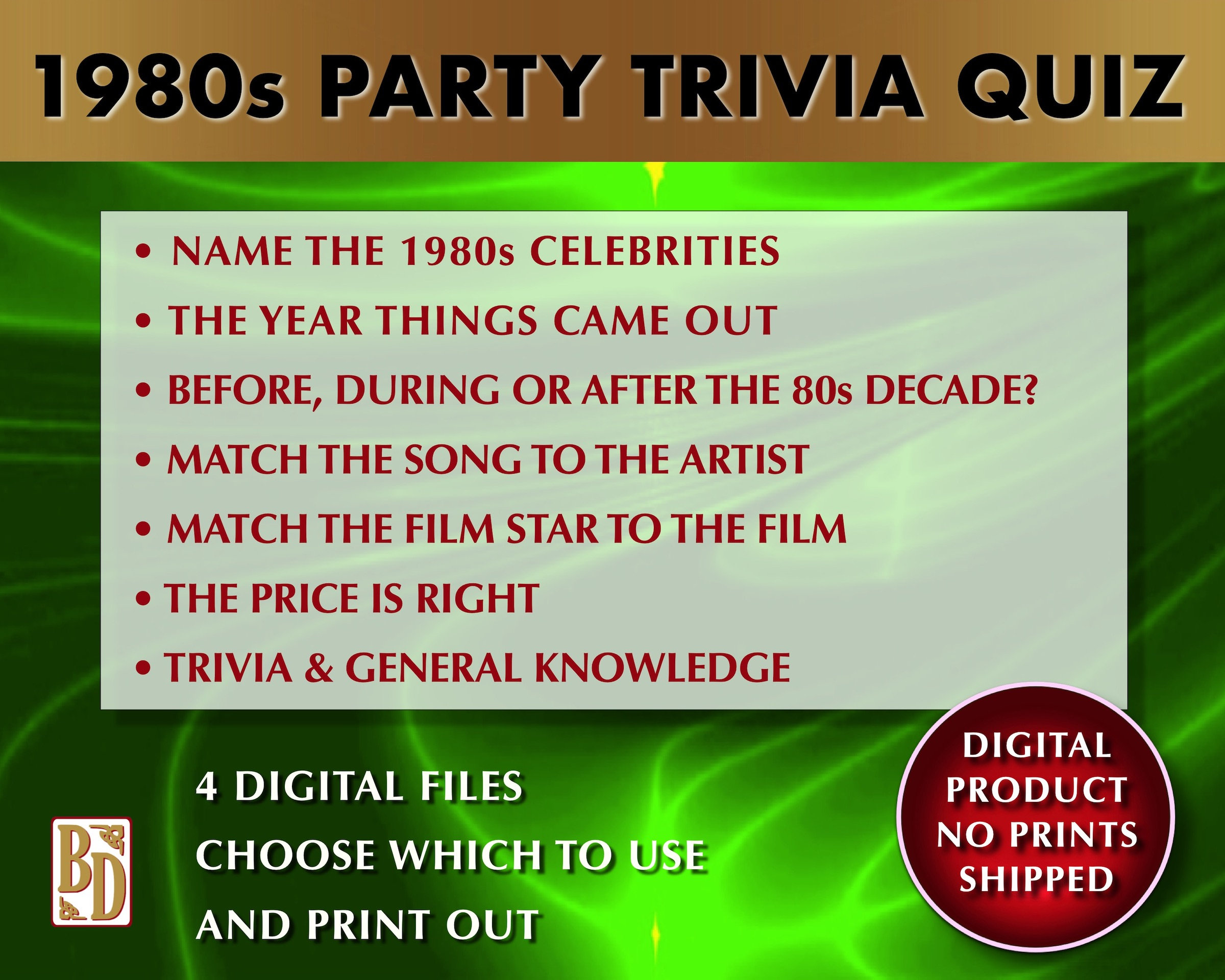 1980's Printable, Trivia Quiz Game Bundle, Instant Download, Party Gift ...