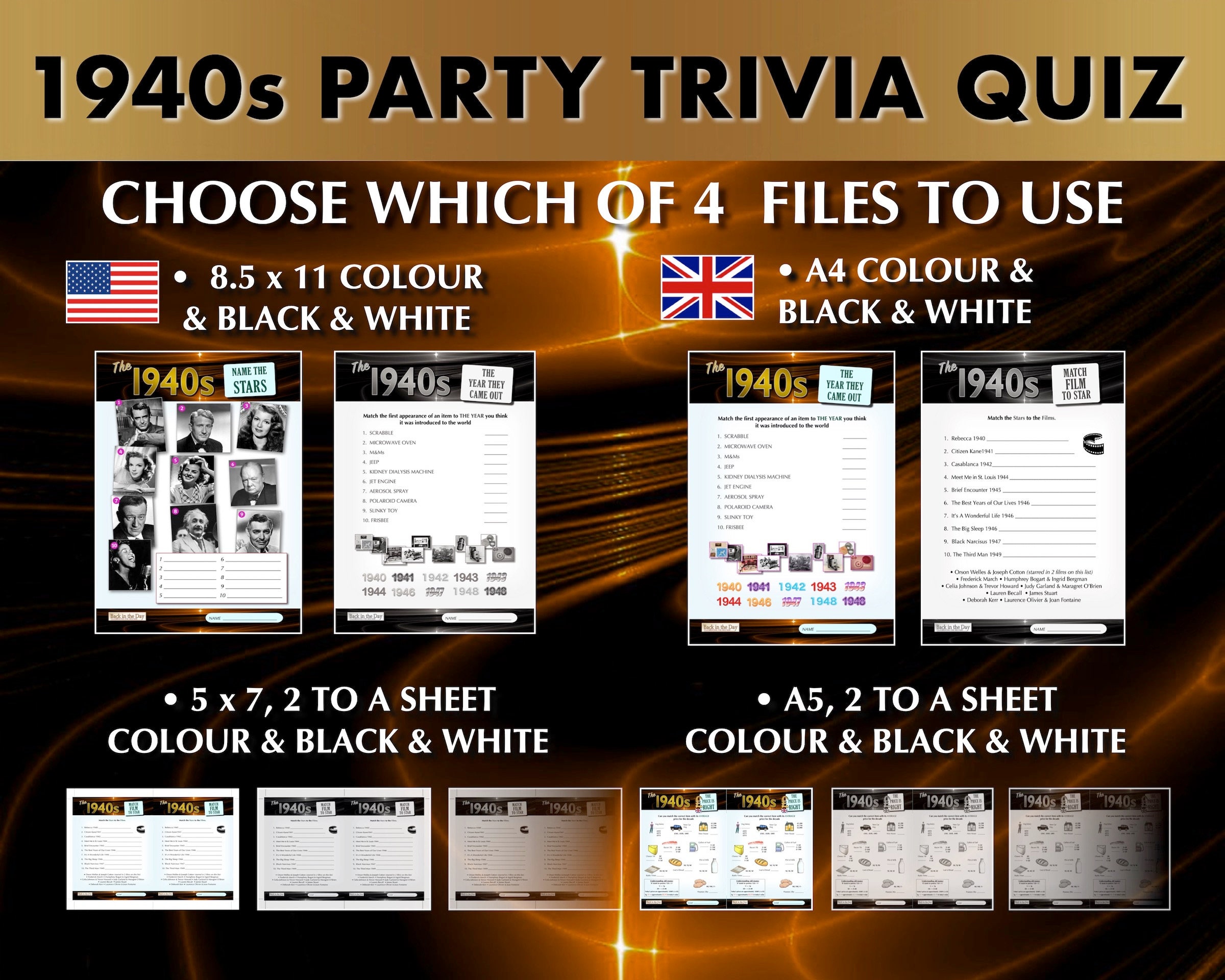 1940's Printable, Trivia Quiz Game Bundle, Instant Download, Party Gift ...