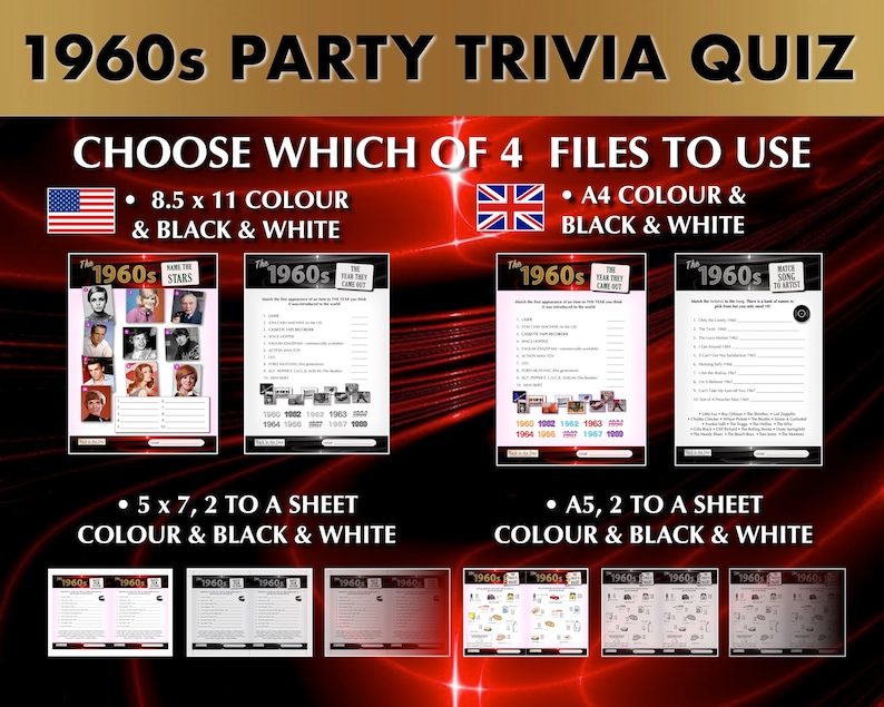 1960's Printable, Trivia Quiz Game Bundle, Instant Download, Party Gift ...