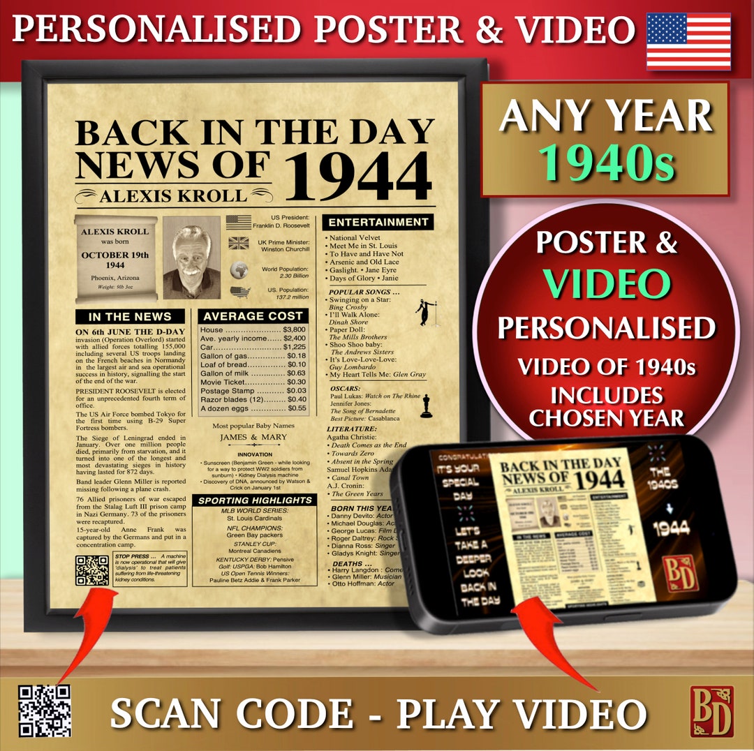 Personalised 1940s Newspaper Poster AND VIDEO US Version for Any Year ...