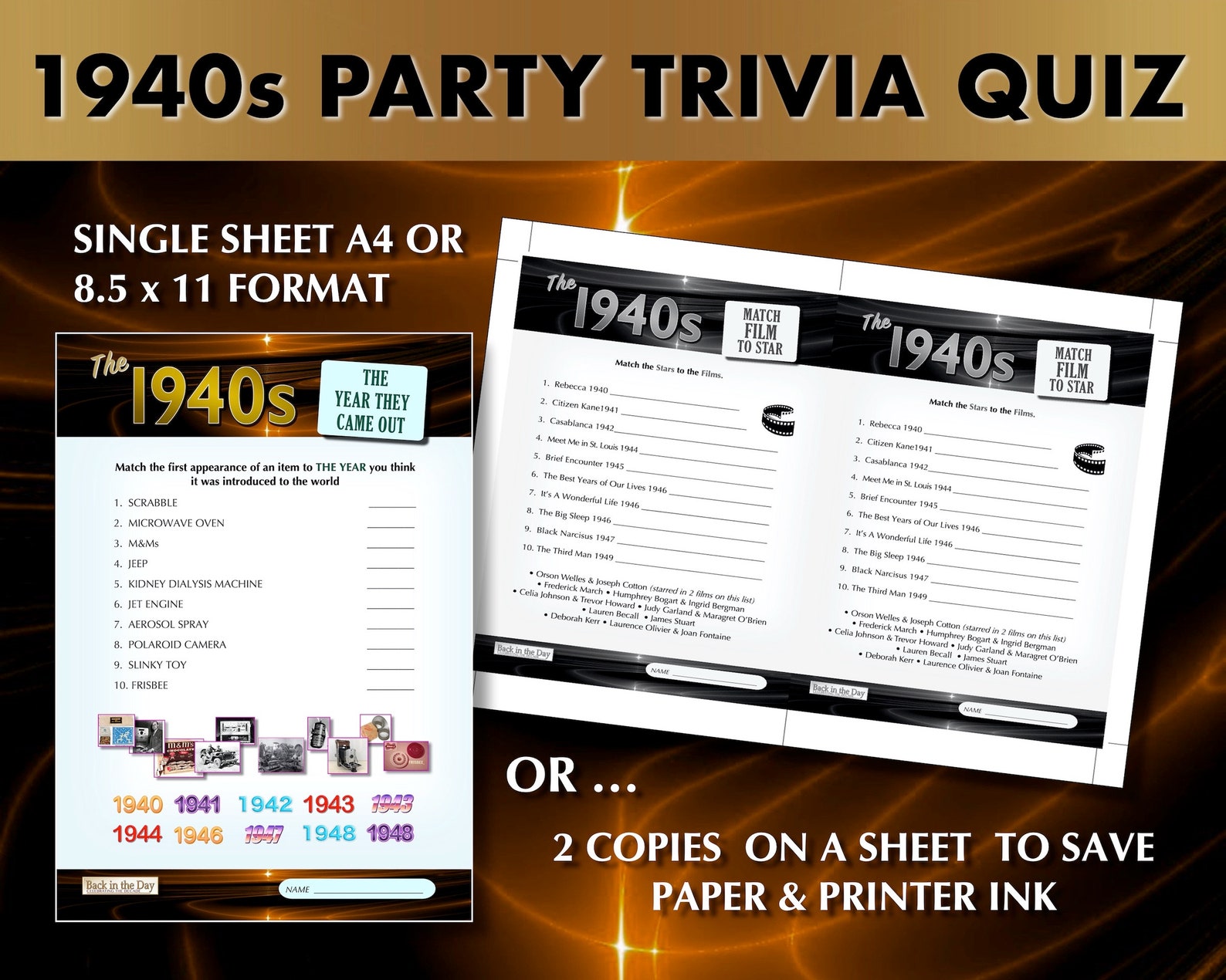 1940's Printable Trivia Quiz Game Bundle Instant - Etsy UK