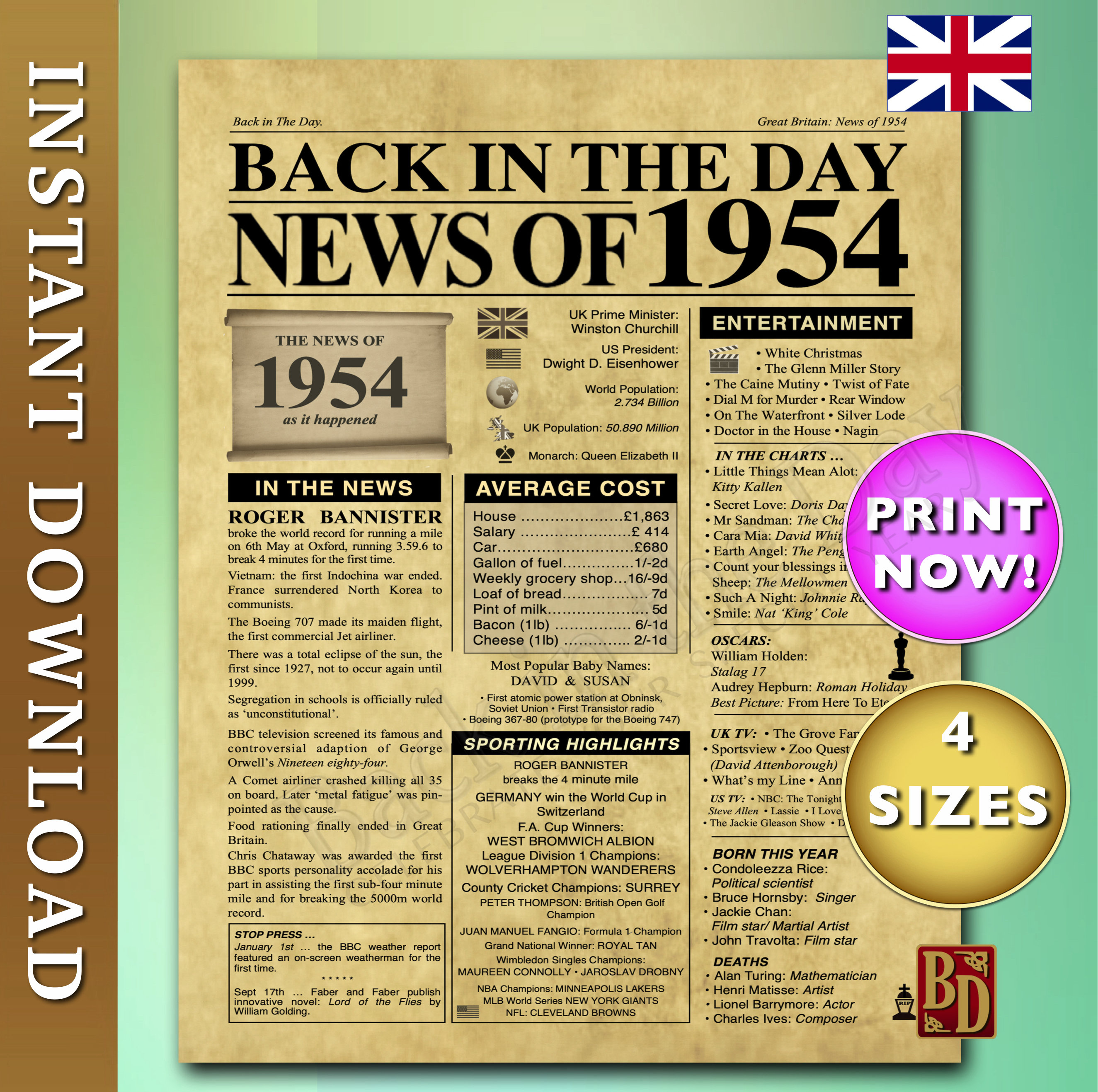 1954, Celebration News Poster, Back in the Day 1954. UK Version - Etsy