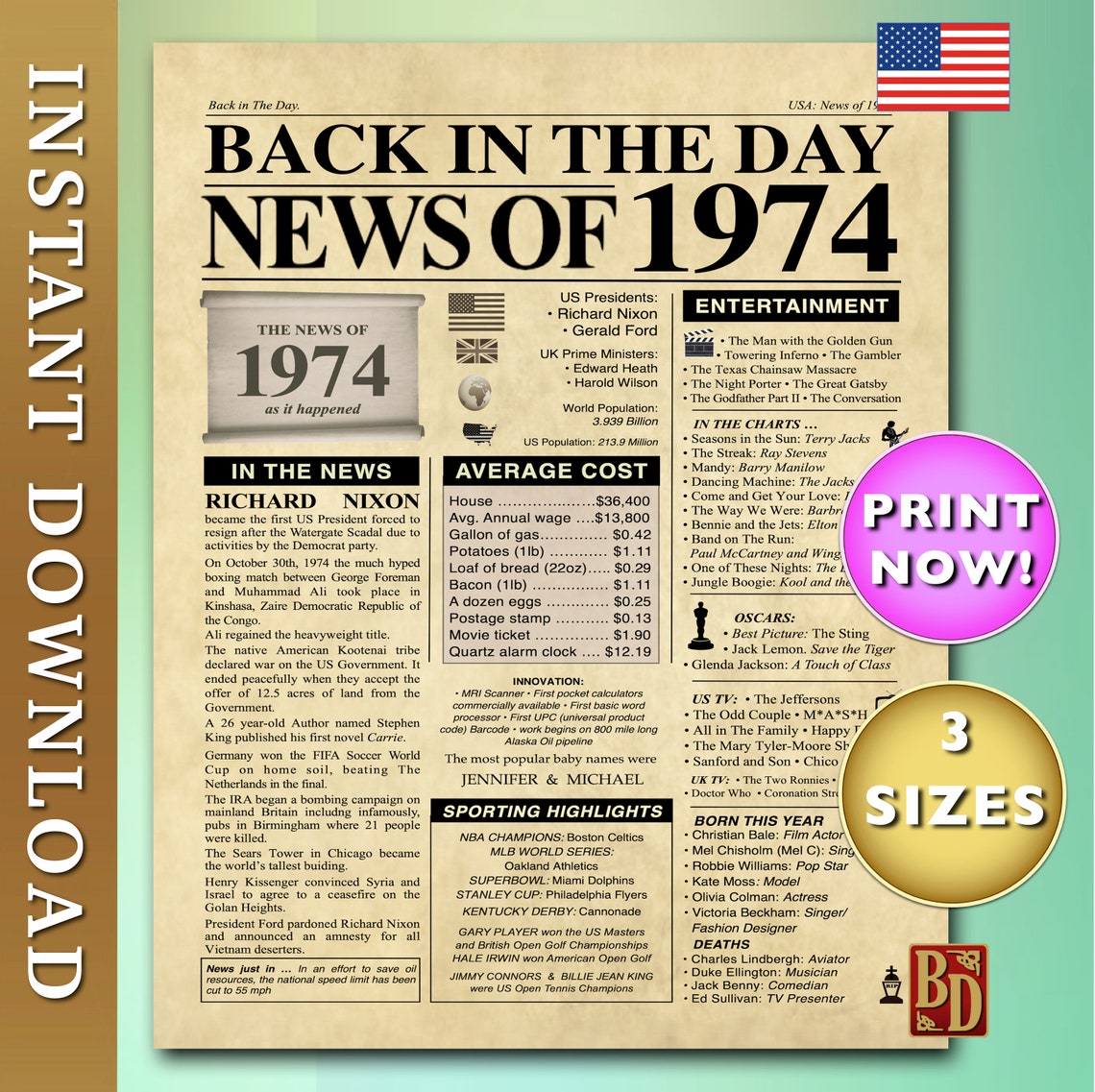 1974, Celebration News Poster, Back in the Day 1974. US Version - Etsy