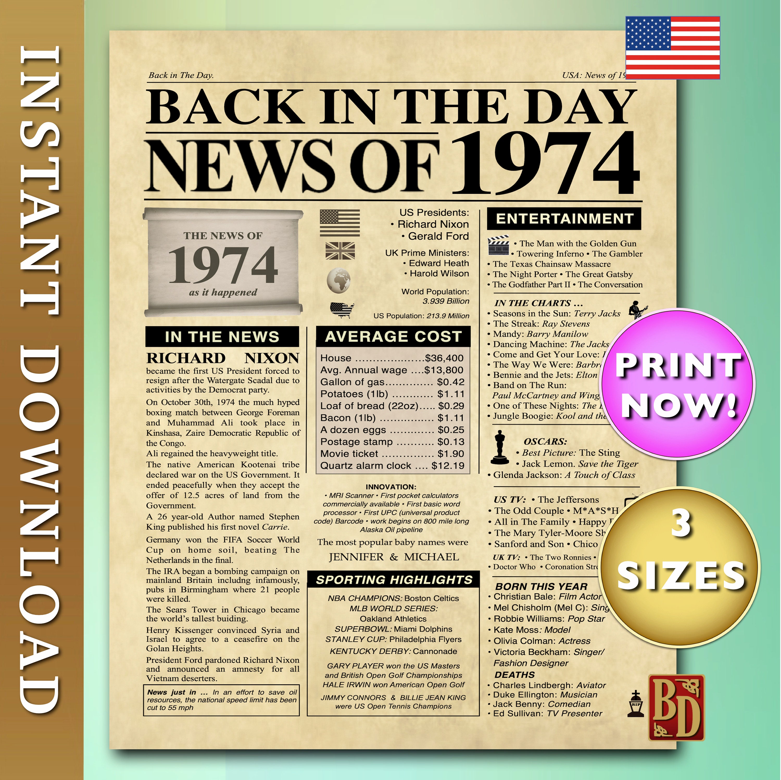1974, Celebration News Poster, Back in the Day 1974. US Version - Etsy