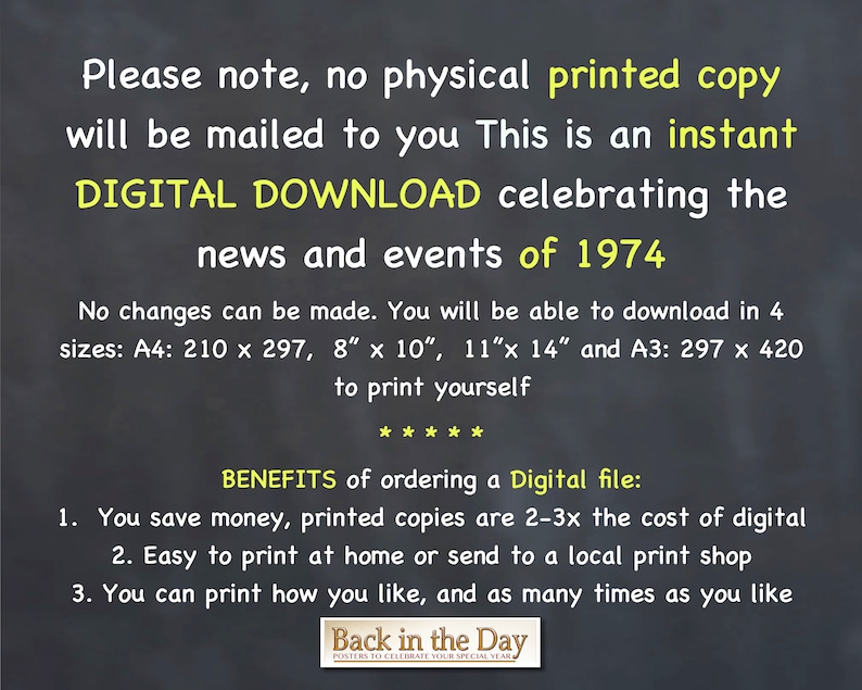 1974, Celebration News Poster, Back in the Day 1974. UK Version - Etsy