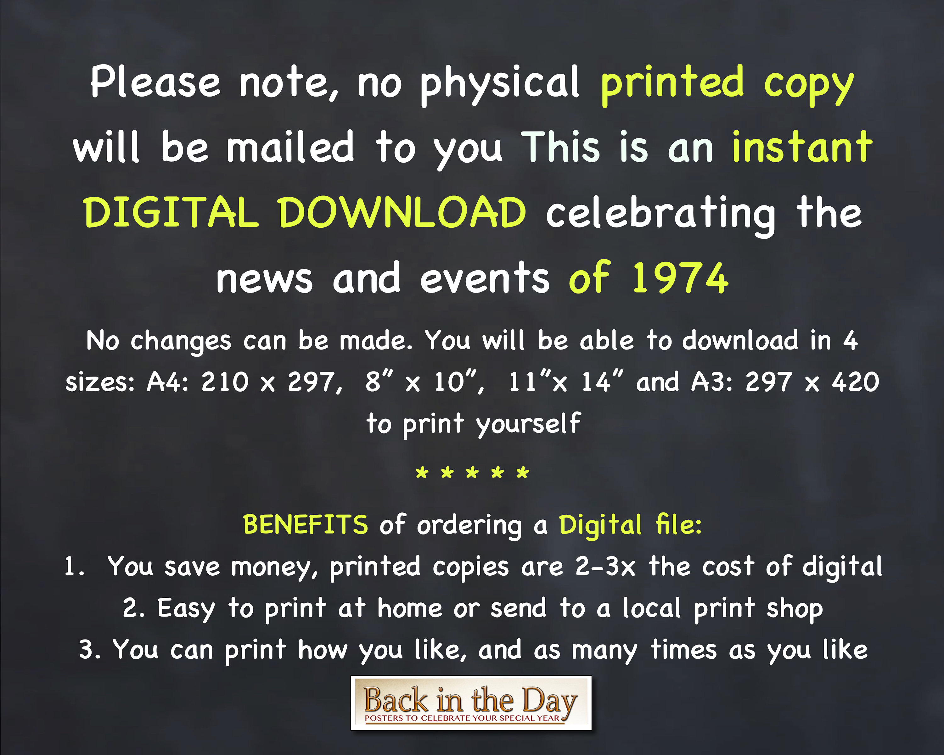 1974, Celebration News Poster, Back in the Day 1974. UK Version - Etsy