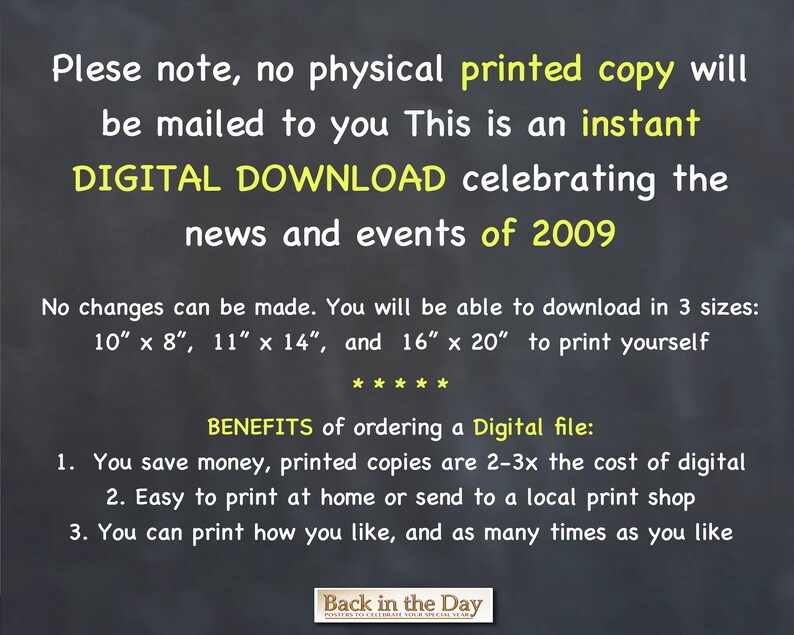 The Year You Were Born 2009, Celebration Chalkboard Style Poster, Back ...