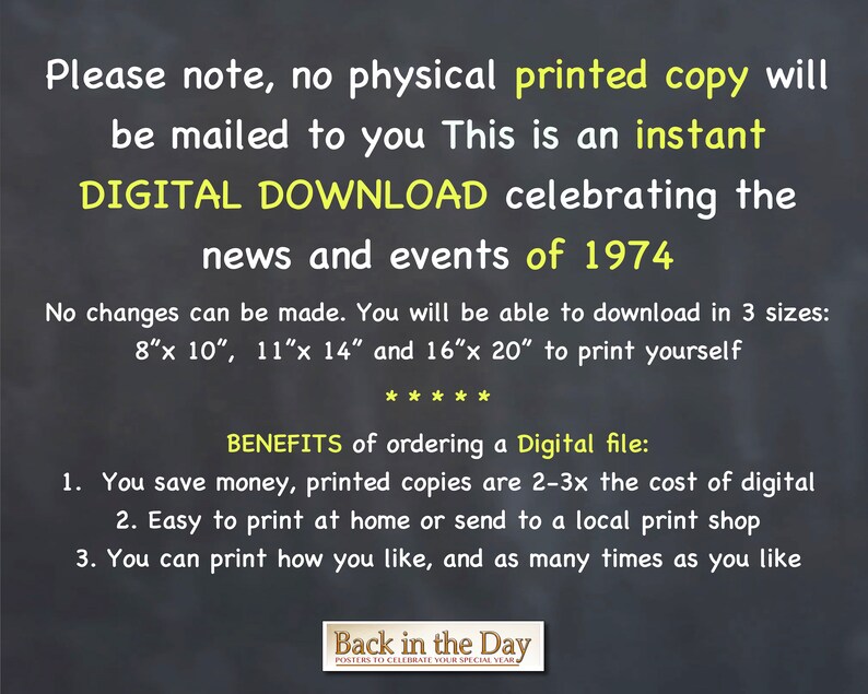 1974, Celebration News Poster, Back in the Day 1974. US Version - Etsy